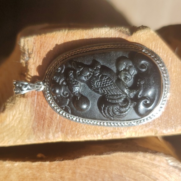 Handmade | Jewelry | New 925 Silver Wrapped Carved Black Obsidian Chicken Rooster Pendant | Poshmark